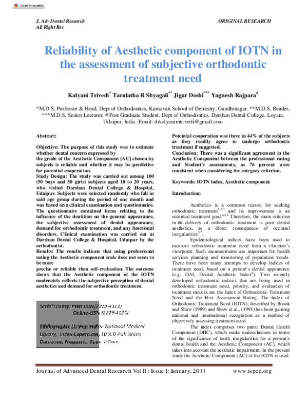 (PDF) Reliability of Aesthetic component of IOTN in the assessment of ...