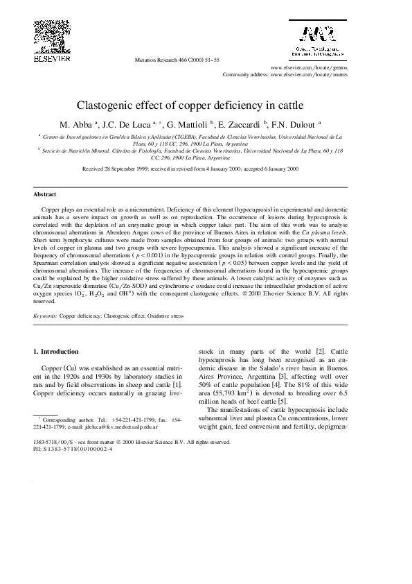 (PDF) Clastogenic effect of copper deficiency in cattle