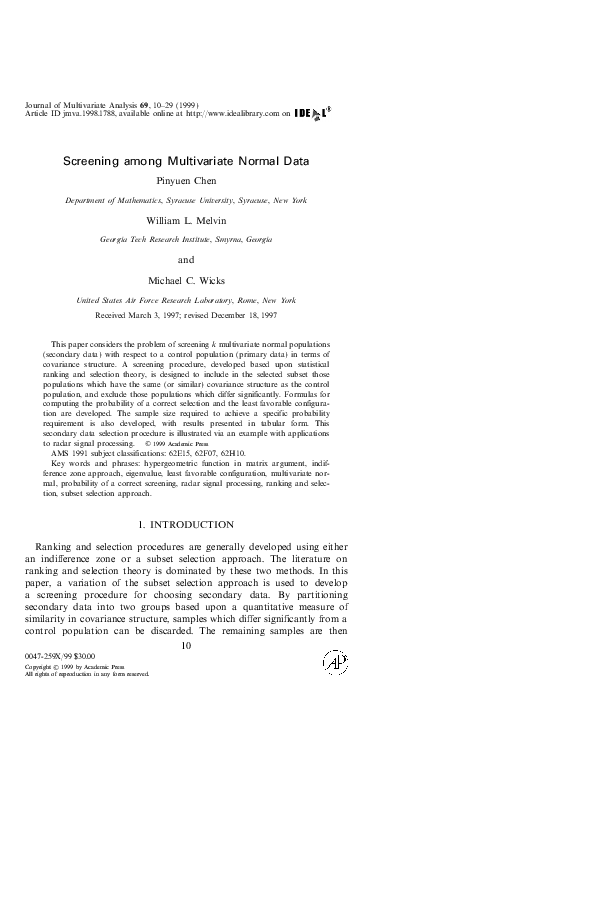 (PDF) Screening among Multivariate Normal Data | Pinyuen Chen - Academia.edu
