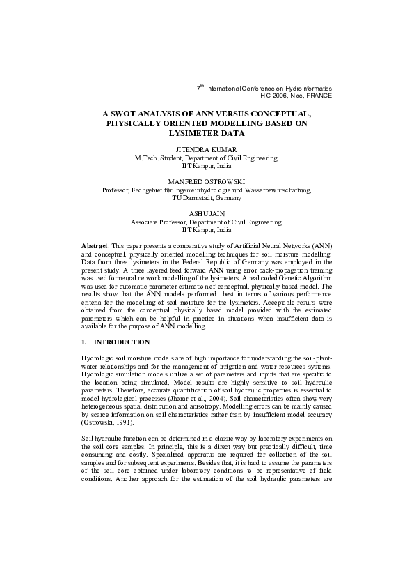 (PDF) A Swot Analysis of Ann Versus Conceptual, Physically Oriented Modelling Based on Lysimeter ...
