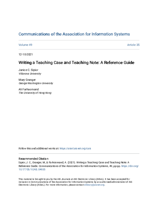 (PDF) Writing a Teaching Case and Teaching Note: A Reference Guide