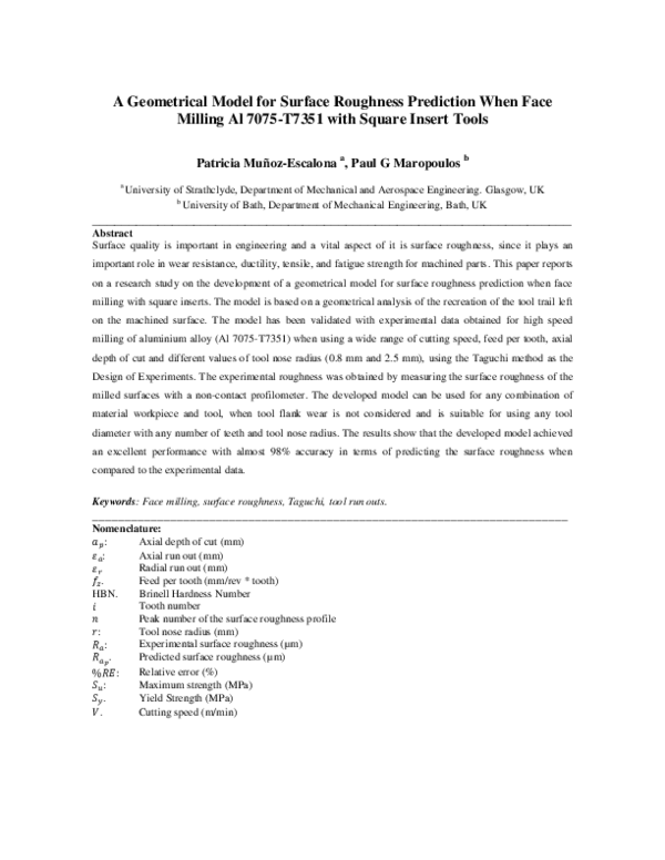 Pdf A Geometrical Model For Surface Roughness Prediction When Face Milling Al 7075 T7351 With