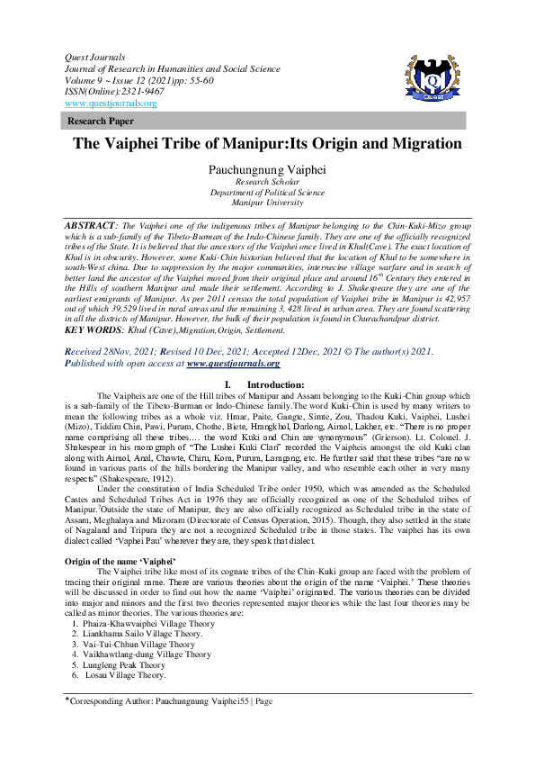 (PDF) The Vaiphei Tribe of Manipur:Its Origin and Migration