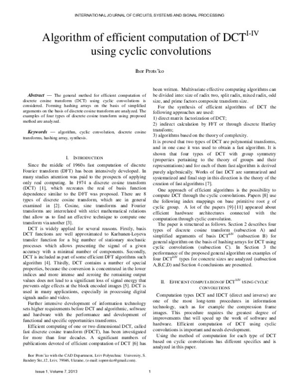 Pdf Algorithm Of Efficient Computation Of Dcti Iv Using Cyclic Convolutions