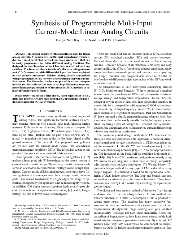 (PDF) Synthesis of Programmable Multi-Input Current-Mode Linear Analog Circuits