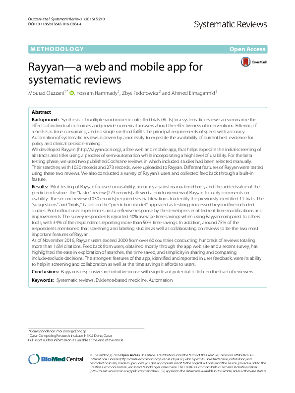 (PDF) Rayyan—a web and mobile app for systematic reviews