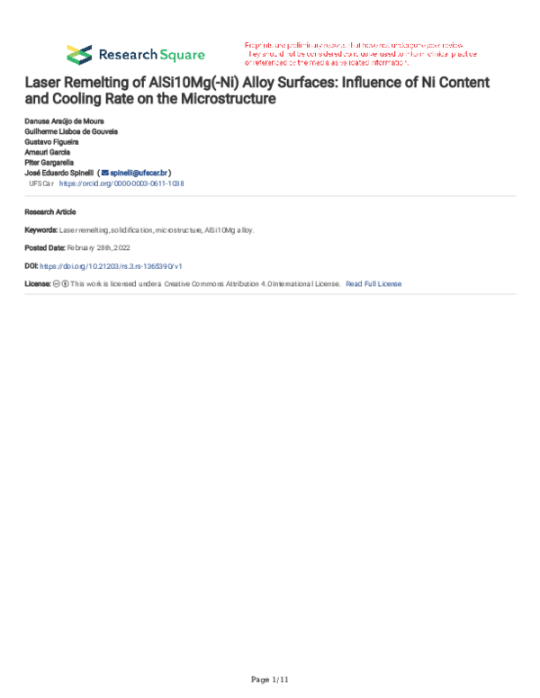 (PDF) Laser Remelting of AlSi10Mg(-Ni) Alloy Surfaces: Influence of Ni Content and Cooling Rate ...