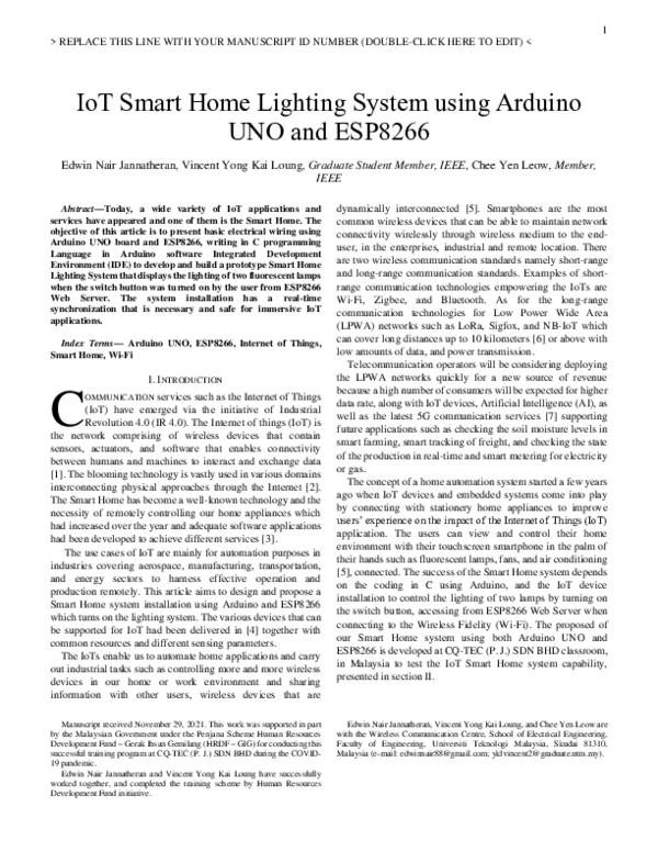 Pdf Iot Smart Home Lighting System Using Arduino Uno And Esp8266