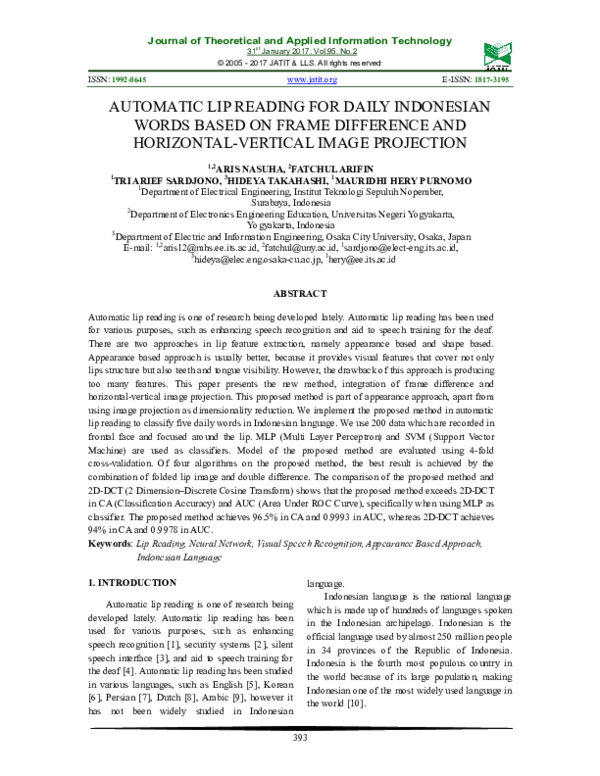 (PDF) Automatic Lip Reading for Daily Indonesian Words Based on Frame ...