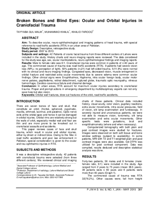 (PDF) Broken Bones and Blind Eyes : Ocular and Orbital Injuries in Craniofacial Trauma