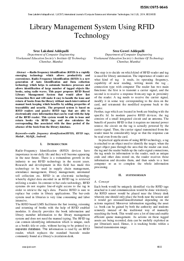 (PDF) Library Management System Using RFID Technology