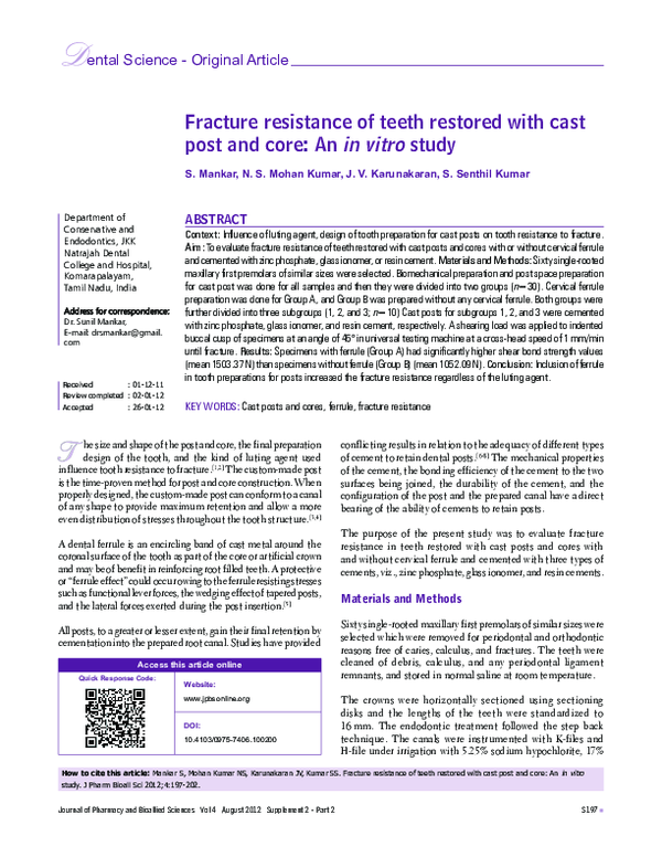 (PDF) Fracture resistance of teeth restored with cast post and core: An ...