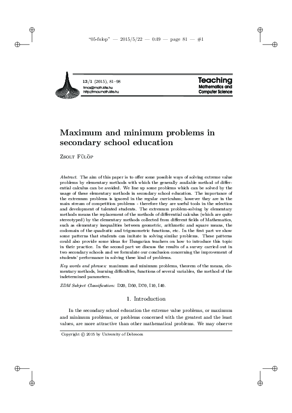 (PDF) Maximum and minimum problems in secondary school education