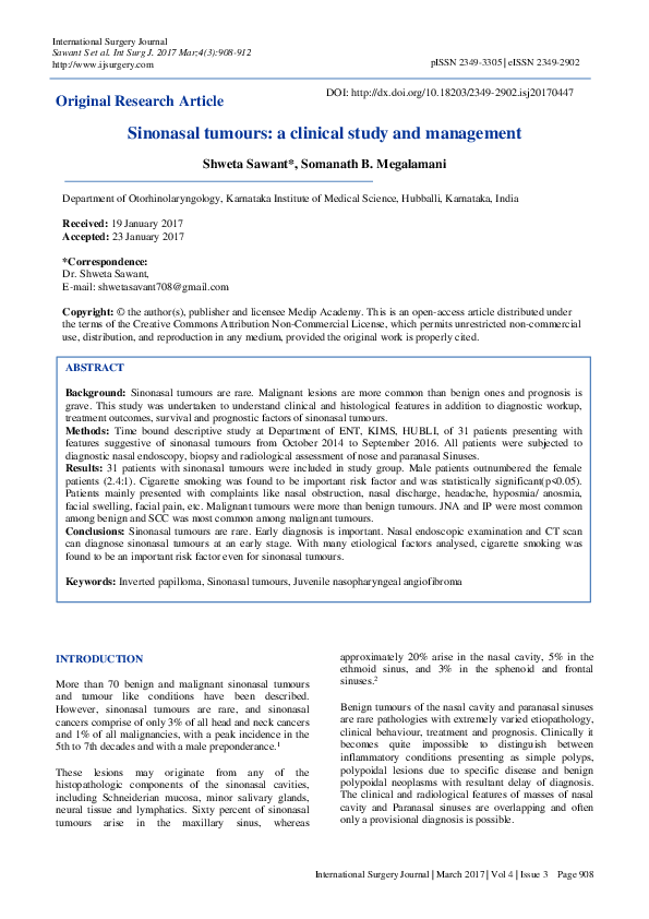 (PDF) Sinonasal tumours: a clinical study and management