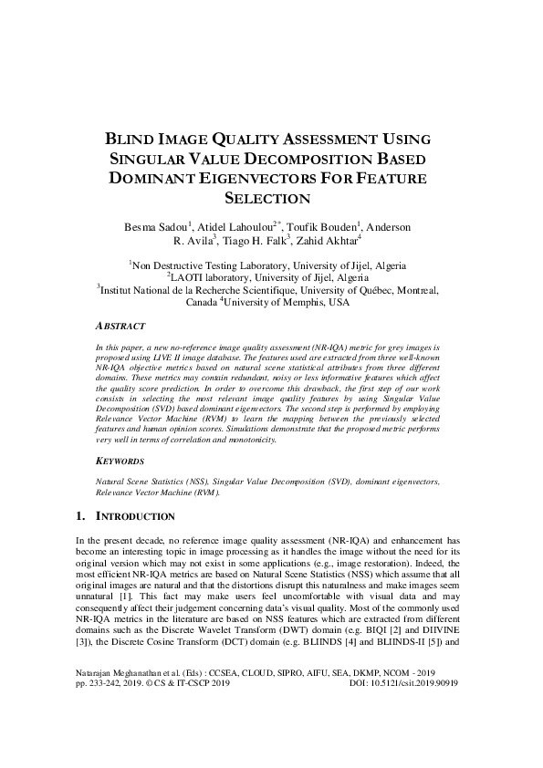 (PDF) Blind Image Quality Assessment Using Singular Value Decomposition Based Dominant ...