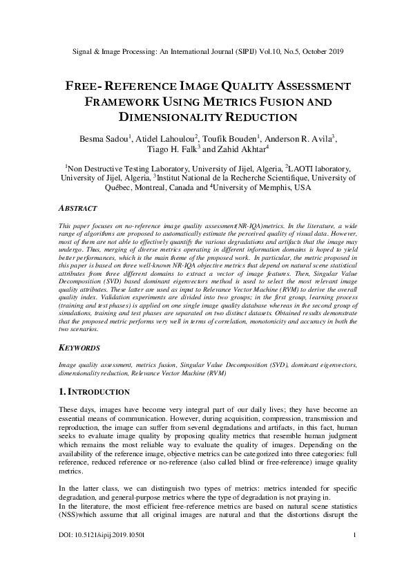 (PDF) Free- Reference Image Quality Assessment Framework Using Metrics Fusion and Dimensionality ...