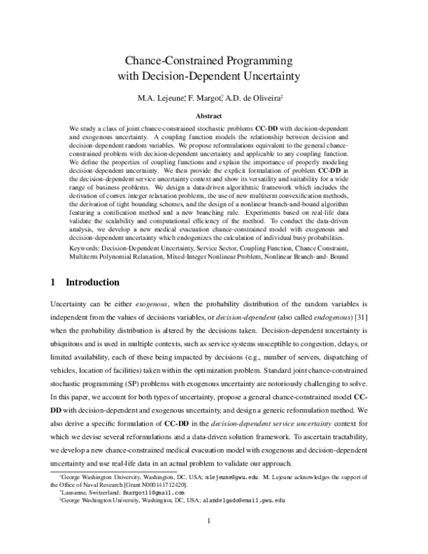 (PDF) Chance-Constrained Programming with Decision-Dependent Uncertainty