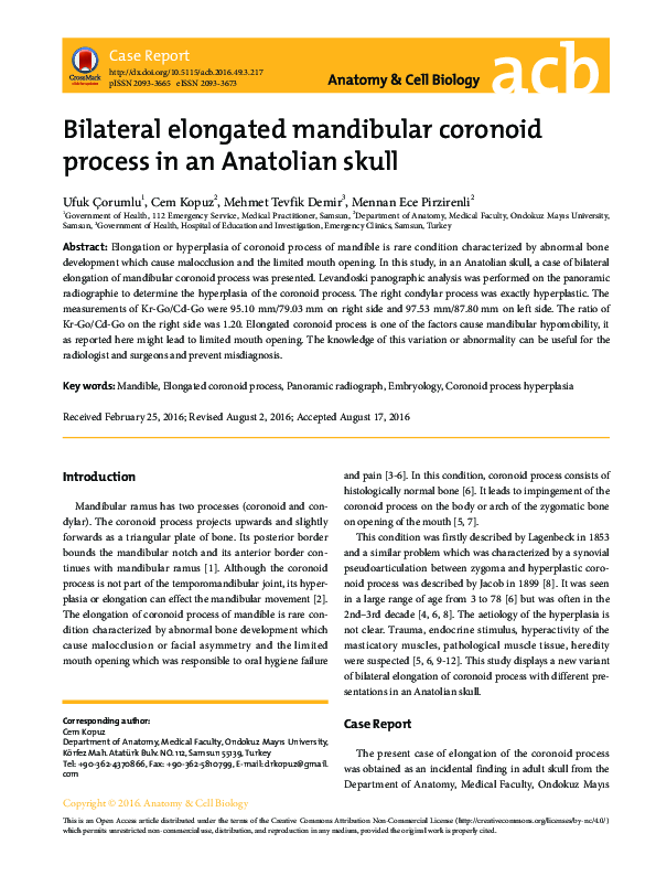 (PDF) Bilateral elongated mandibular coronoid process in an Anatolian skull