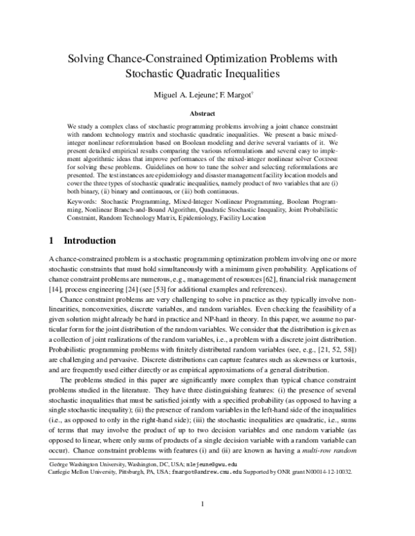 (PDF) Solving Chance-Constrained Optimization Problems with Stochastic Quadratic Inequalities
