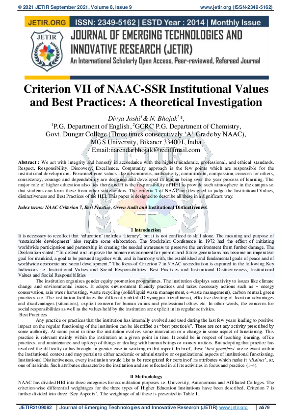 (PDF) Criterion VII of NAAC-SSR Institutional Values and Best Practices ...
