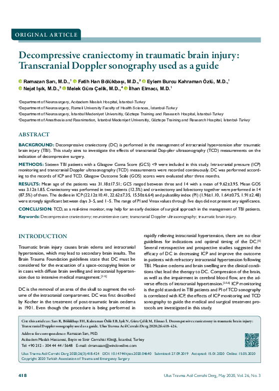 (PDF) Decompressive craniectomy in traumatic brain injury: Transcranial ...