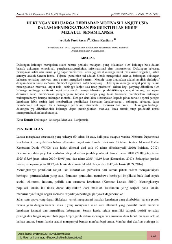 (PDF) Dukungan Keluarga Terhadap Motivasi Lanjut Usia Dalam Meningkatkan Produktifitas Hidup ...