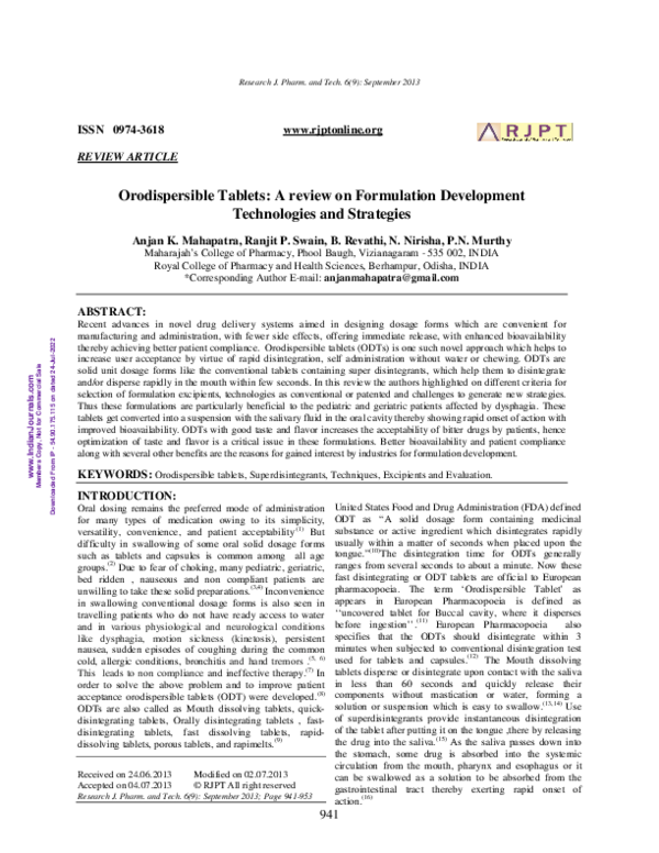 Pdf Orodispersible Tablets A Review On Formulation Development Technologies And Strategies