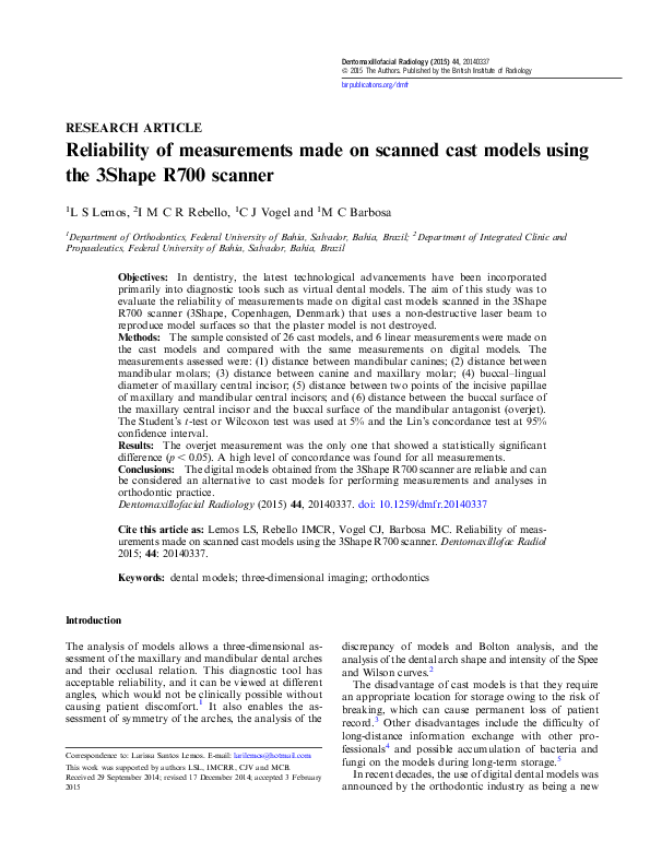 (PDF) Reliability of measurements made on scanned cast models using the ...