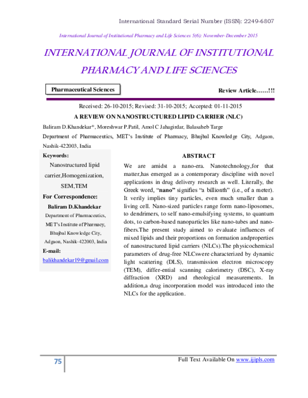 (PDF) On Nanostructured Lipid Carrier ( NLC )
