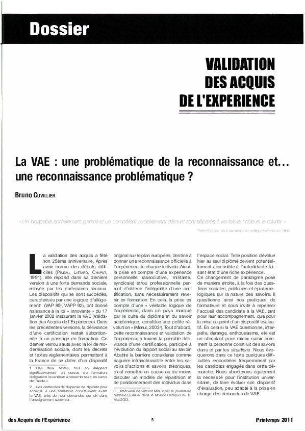 (PDF) La VAE : une problématique de la reconnaissance et… une ...