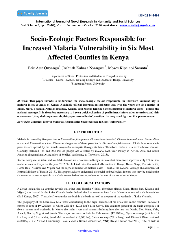 (PDF) Socio-Ecologic Factors Responsible for Increased Malaria ...