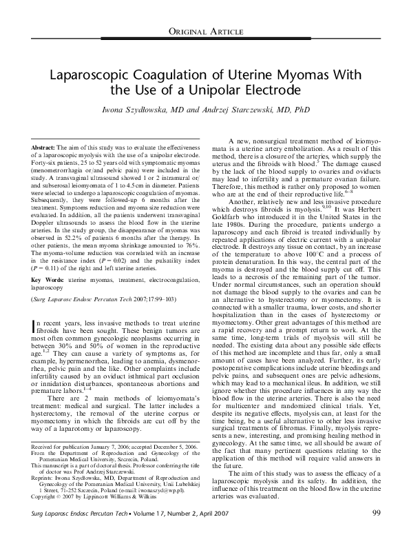(PDF) Laparoscopic Coagulation of Uterine Myomas With the Use of a ...