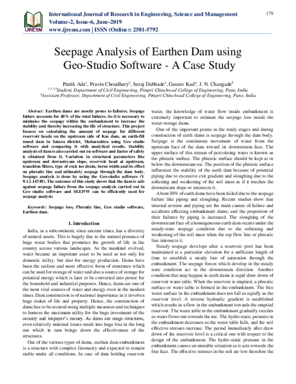 (PDF) Seepage Analysis of Earthen Dam using Geo-Studio Software-A Case Study