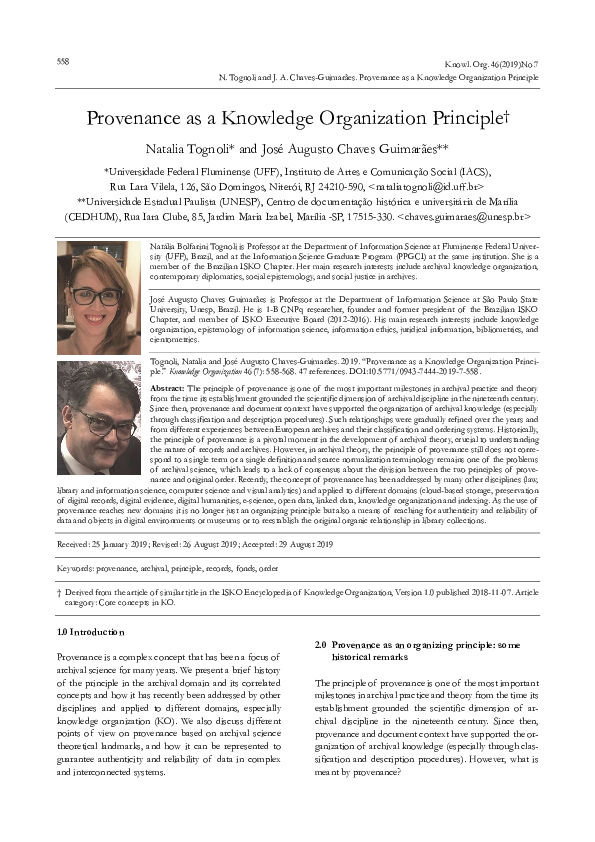 (PDF) Provenance as a Knowledge Organization Principle