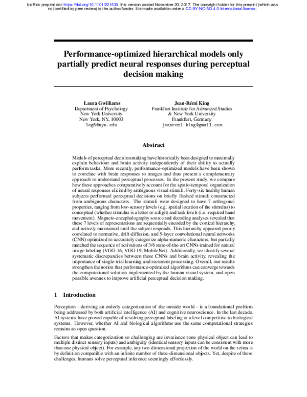 Pdf Performance Optimized Hierarchical Models Only Partially Predict Neural Responses During