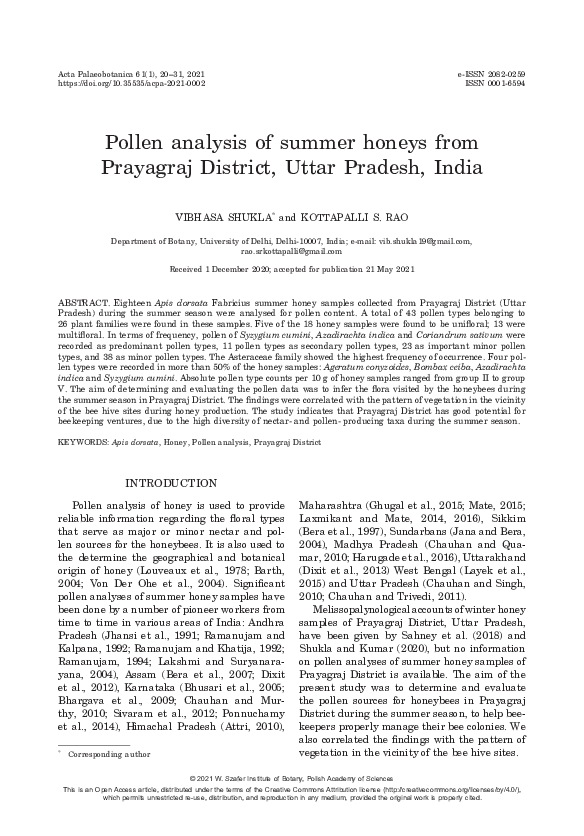 (PDF) Pollen analysis of summer honeys from Prayagraj District, Uttar ...