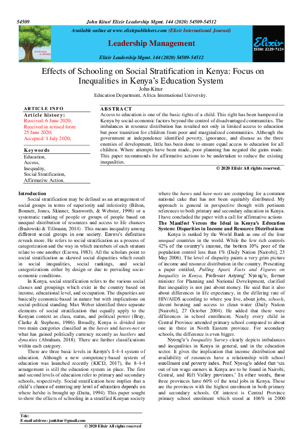(PDF) Effects of Schooling on Social Stratification in Kenya : Focus on ...