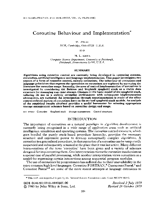 (PDF) Coroutine behaviour and implementation