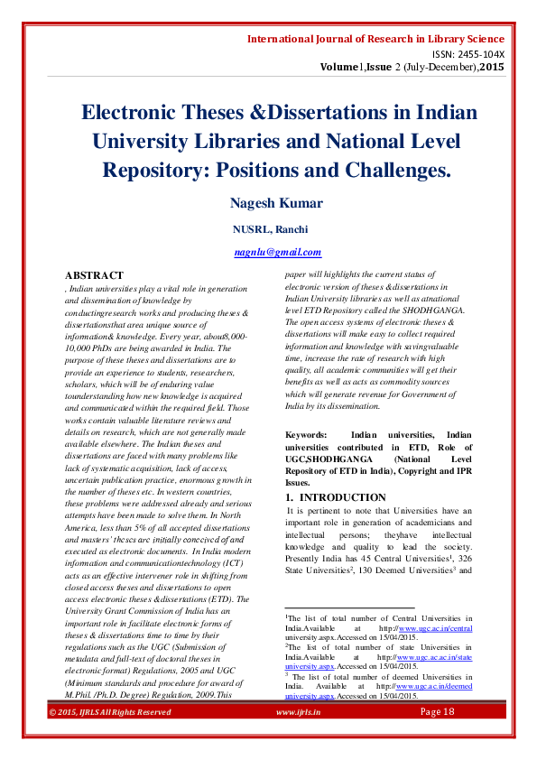 (PDF) Electronic Theses &Dissertations in Indian University Libraries ...
