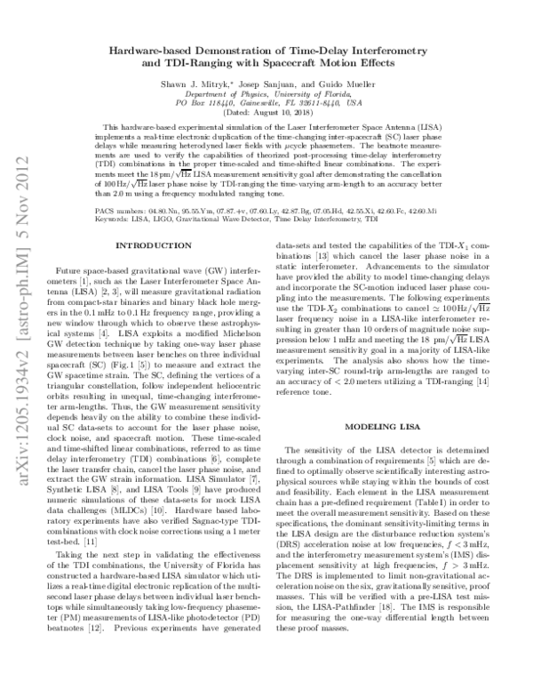 (PDF) Demonstration of Time Delay Interferometry and Spacecraft Ranging in a Space-based ...