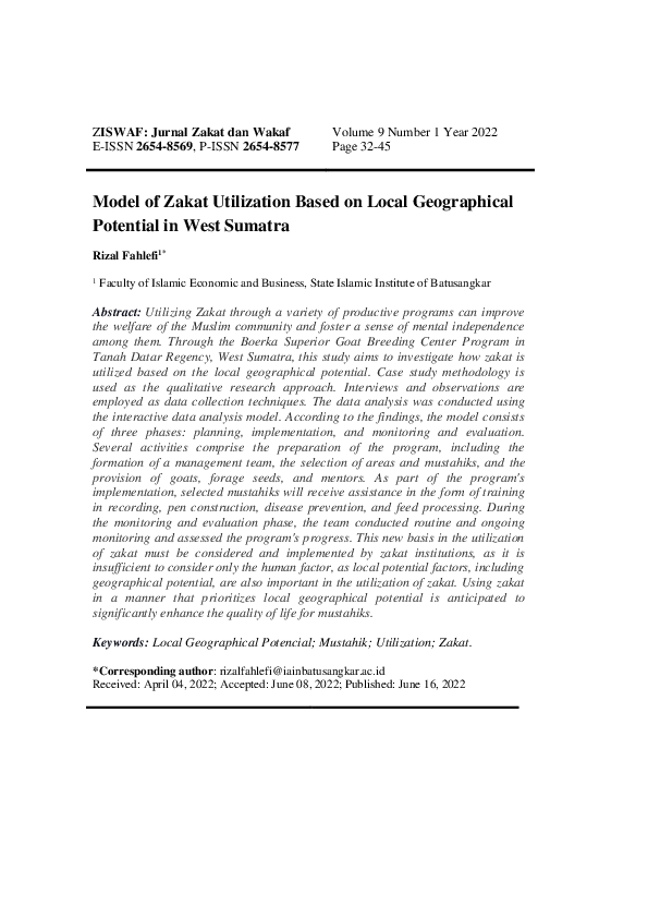 (PDF) Model of Zakat Utilization Based on Local Geographical Potential in West Sumatra