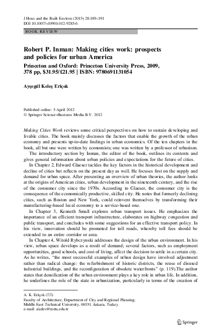(PDF) Robert P. Inman: Making cities work: prospects and policies for ...