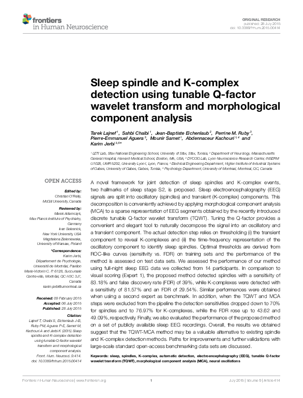 (PDF) Sleep spindle and K-complex detection using tunable Q-factor wavelet transform and ...