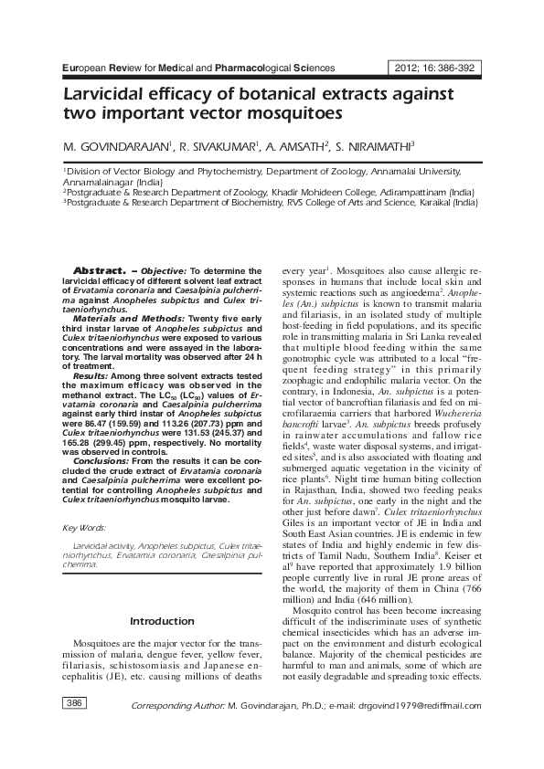 (PDF) Larvicidal efficacy of botanical extracts against two important ...
