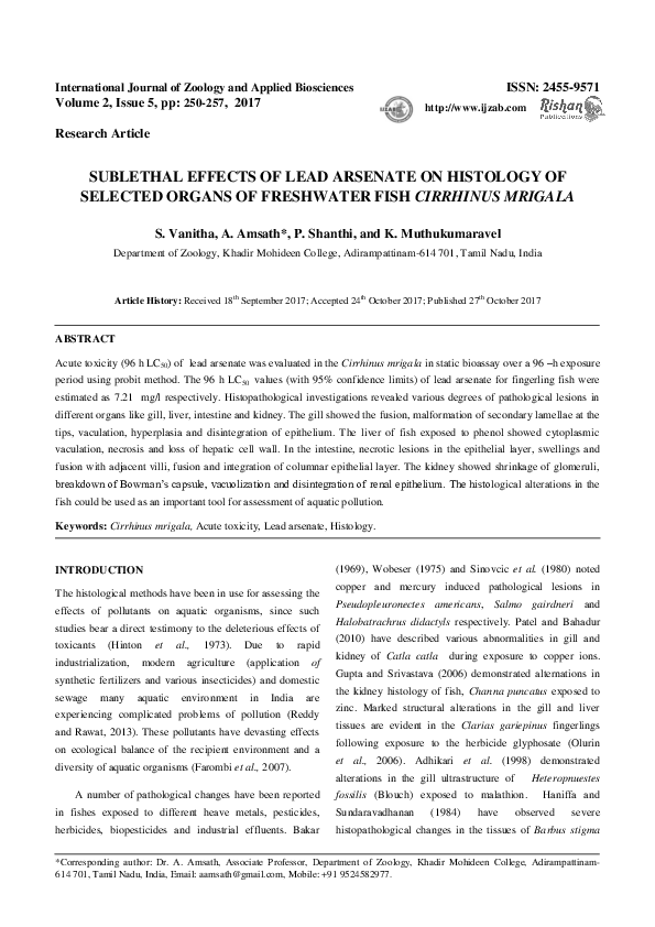 (PDF) Sublethal Effects Of Lead Arsenate On Histology Of Selected Organs Of Freshwater Fish ...