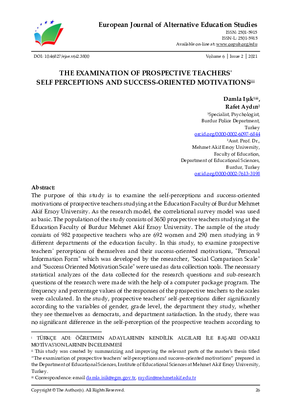 (PDF) The Examination of Prospective Teachers' Self Perceptions and ...