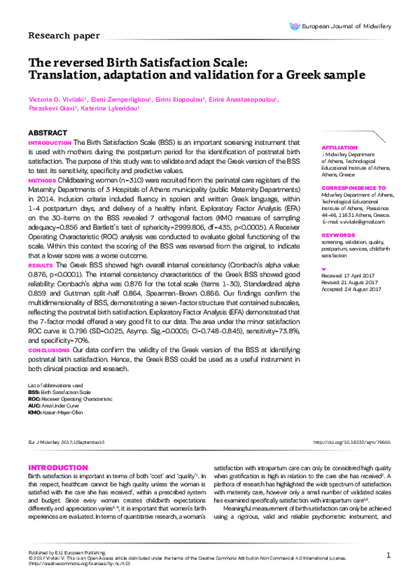 (PDF) The reversed Birth Satisfaction Scale: translation, adaptation and validation for a Greek ...