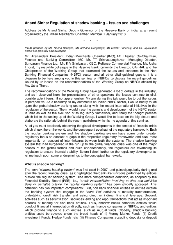 (PDF) Regulation of Shadow Banking – Issues and Challenges*