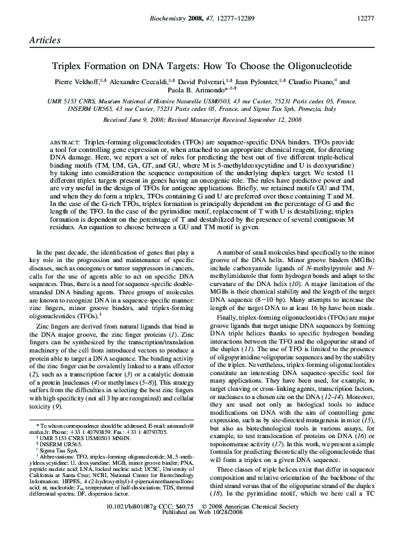 (PDF) Triplex Formation on DNA Targets: How To Choose the Oligonucleotide