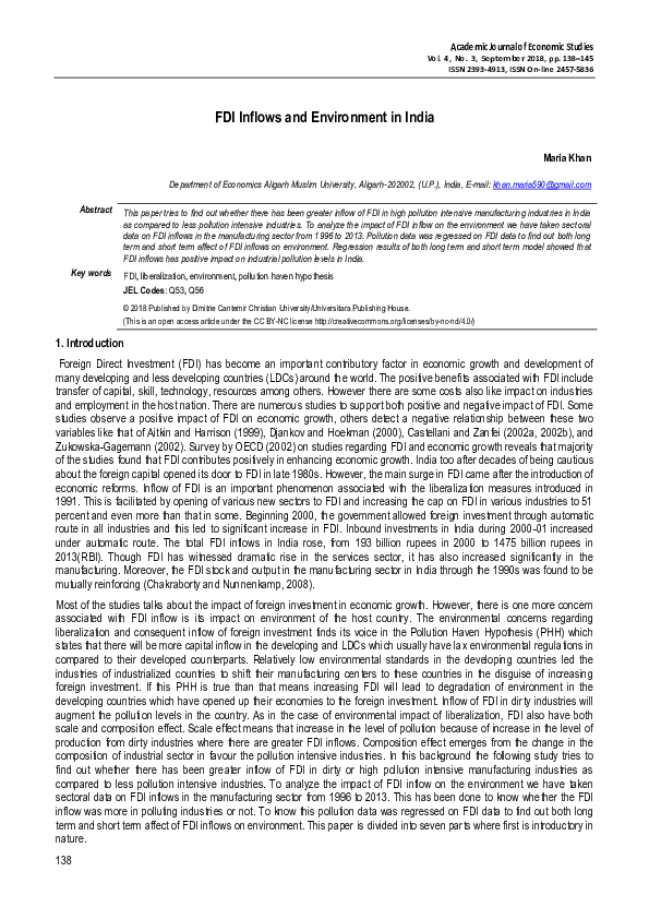 (PDF) FDI Inflows and Environment in India